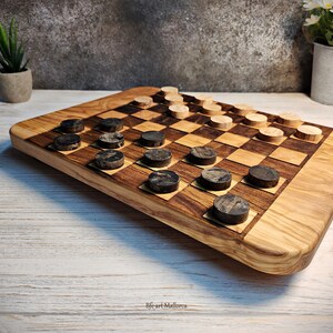Handmade Olive Wood Checkers Board Game Set - Beautiful Rustic Design ...