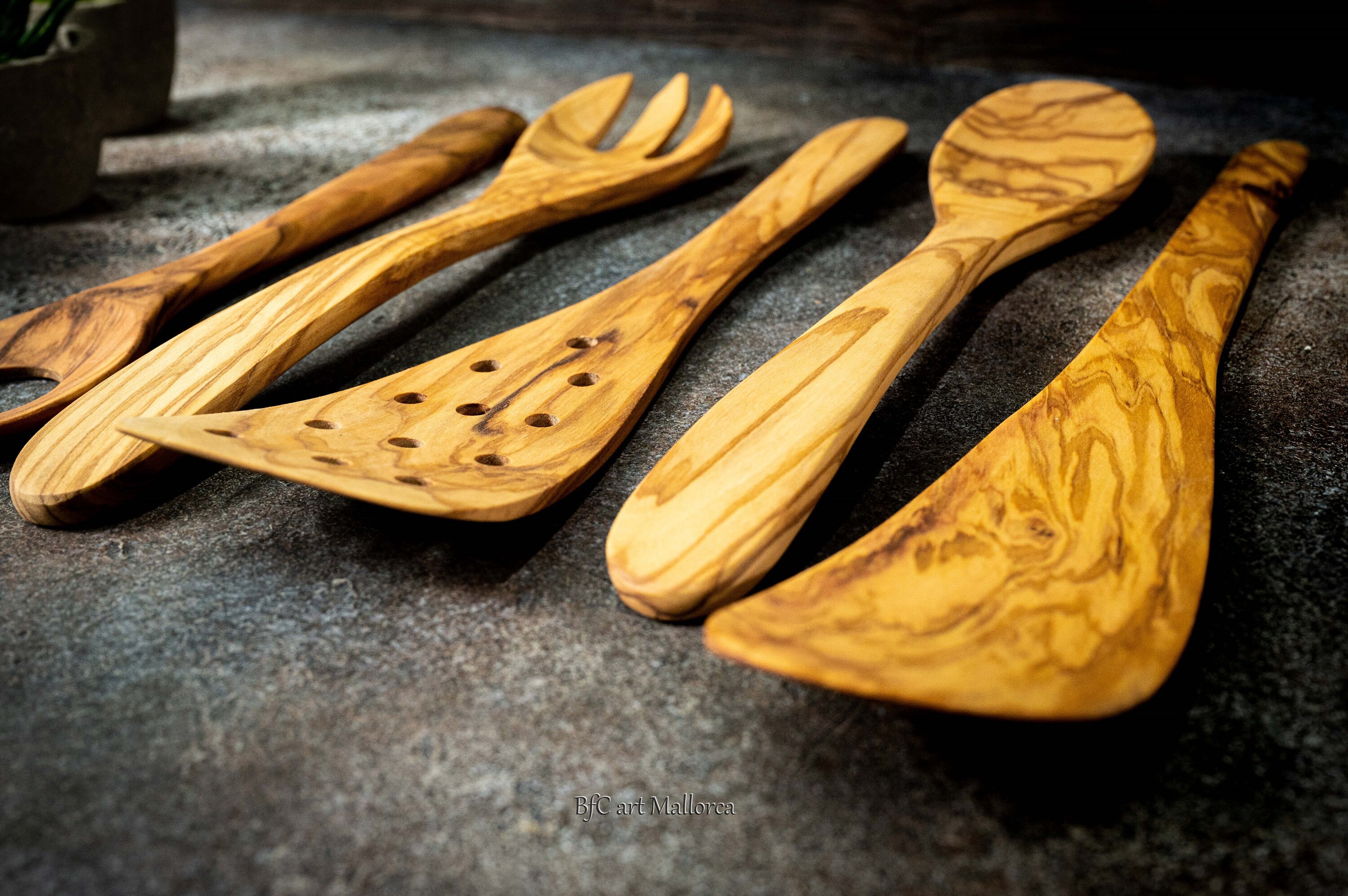 Olive Wood Kitchen Utensils Set of 5, Cooking Cutlery Olive Wood Set ...
