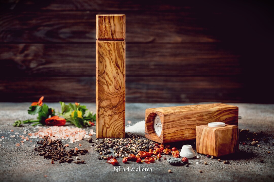Olive Wood Pepper Mill, Square Salt Grinder, Handmade - Etsy