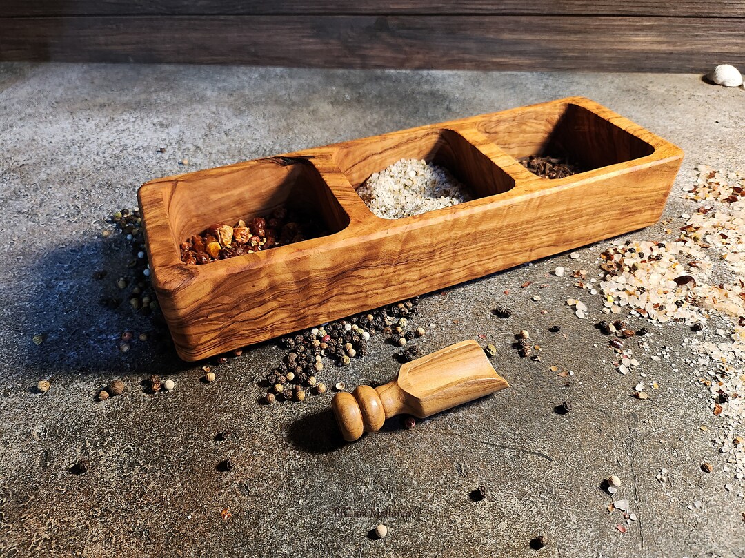 Handcrafted Olive Wood Salt Box With Spoon - Rustic Salt Cellar for ...