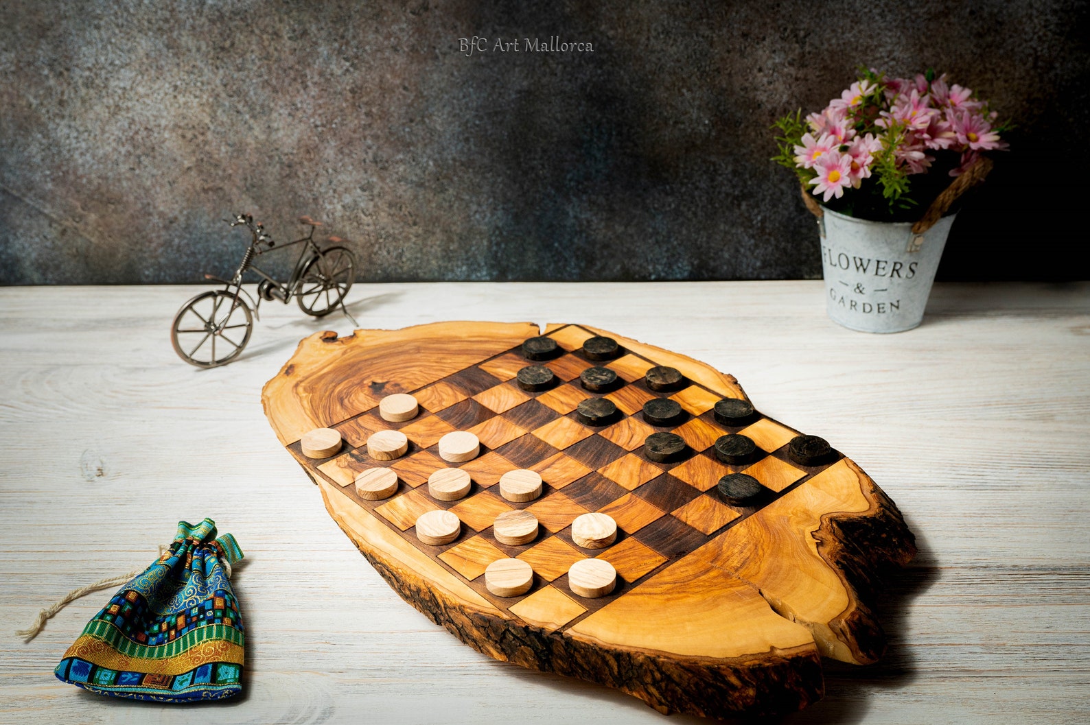 Handmade Checkerboard Live Edge Olive Wood, Checkerboard Rustic Wooden ...