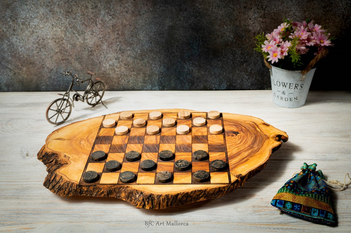 Handmade Checkerboard Live Edge Olive Wood, Checkerboard Rustic Wooden ...