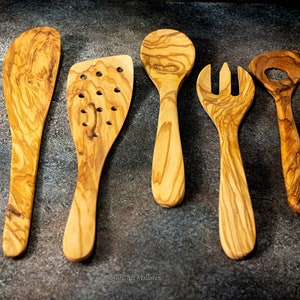 Olive Wood Kitchen Utensils Set of 5, Cooking Cutlery Olive Wood Set ...