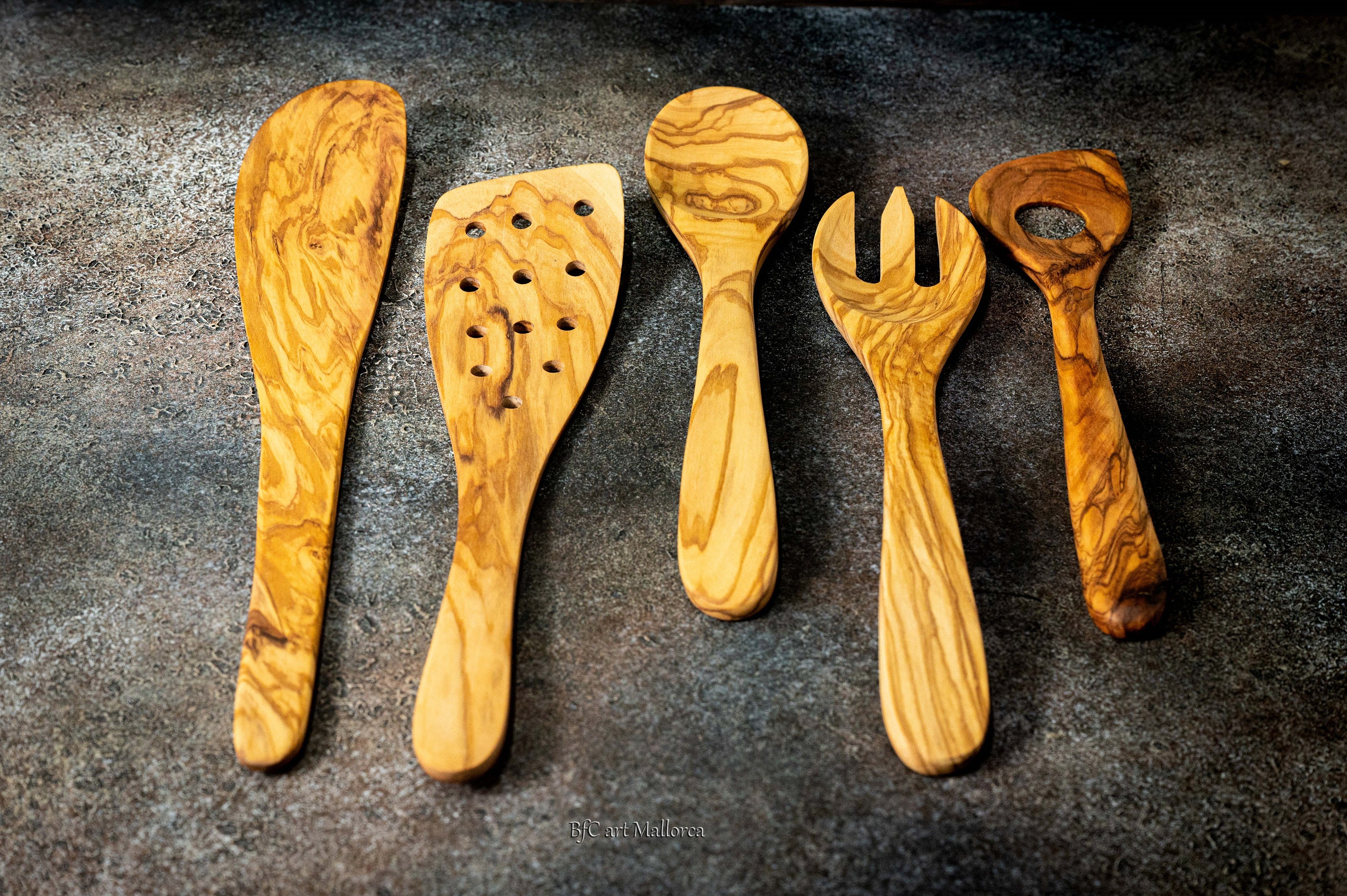 Olive Wood Kitchen Utensils Set of 5, Cooking Cutlery Olive Wood Set ...