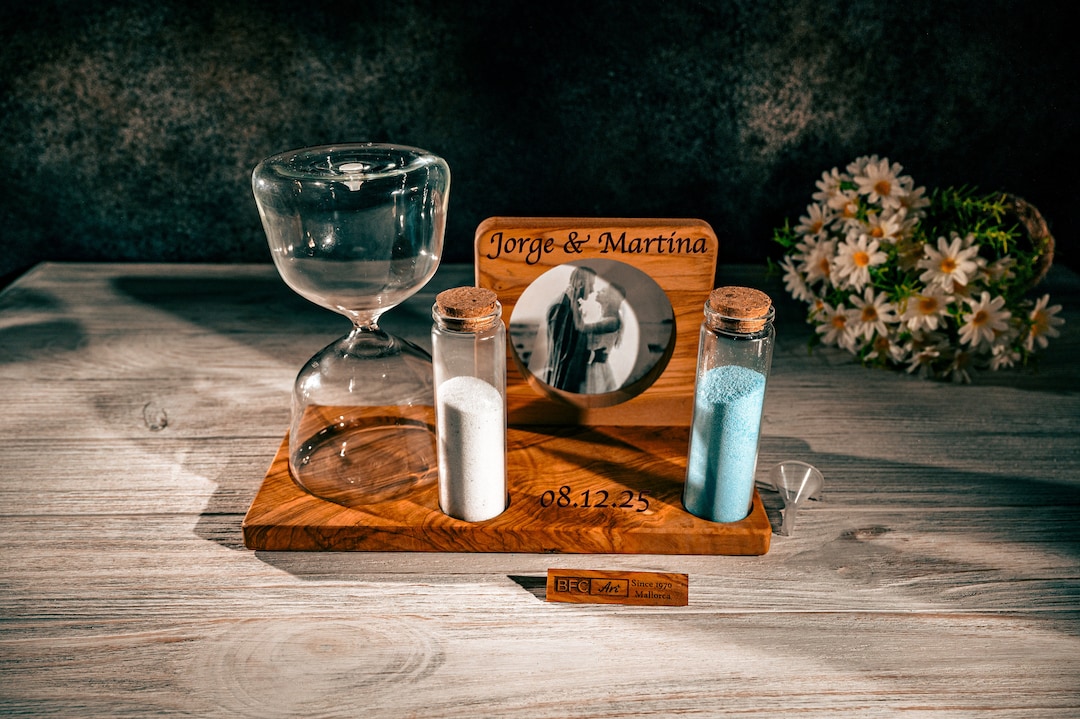 Handmade Olive Wood Hourglass - Wedding Unity Sand Ceremony Set With ...