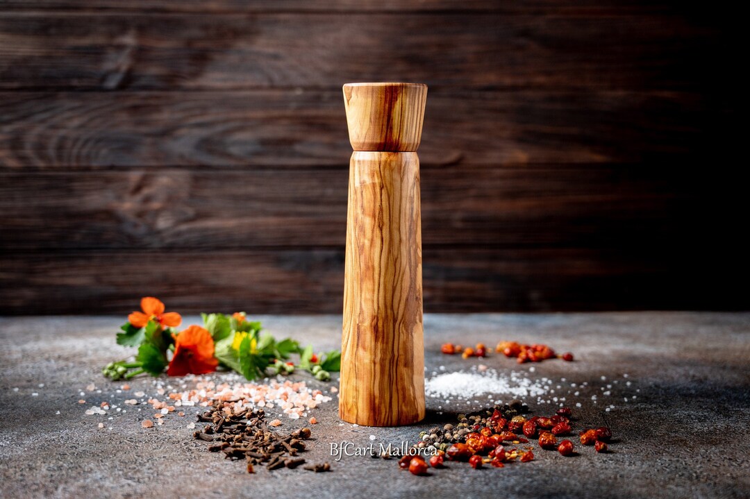 Round Olive Wood Pepper Grinder, Durable Ceramic Mechanism, Handcrafted ...