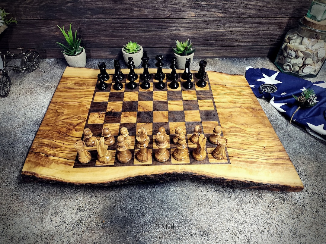 Rustic Olive Wood Chess Set on Board With Bark - Handcrafted Wooden ...
