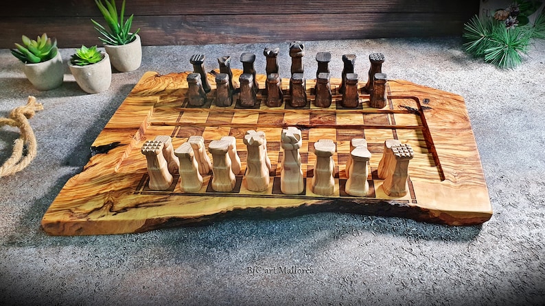 Olive Wood Chess Set Rustic Board - Etsy