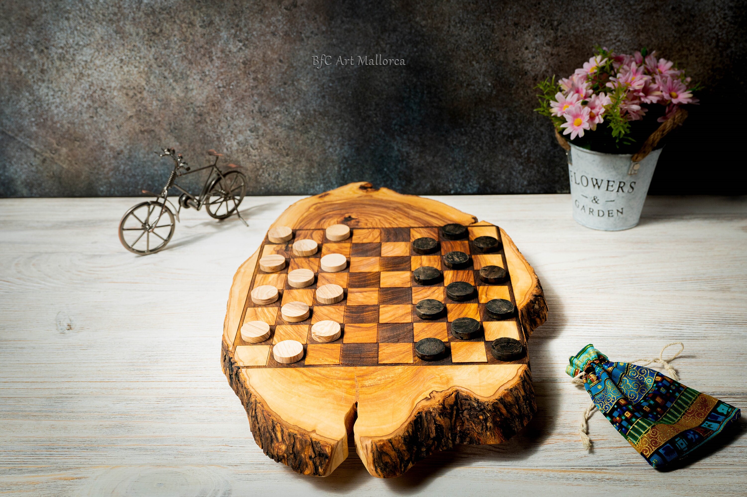 Handmade Checkerboard Live Edge Olive Wood, Checkerboard Rustic Wooden ...