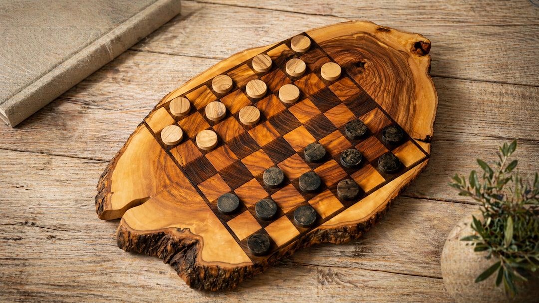Rustic Olive Wood Checkers Set, Handmade Live Edge Board Game, Premium ...
