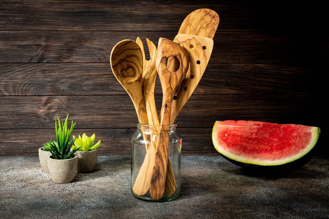 Olive Wood Kitchen Utensils Set of 5, Cooking Cutlery Olive Wood Set ...