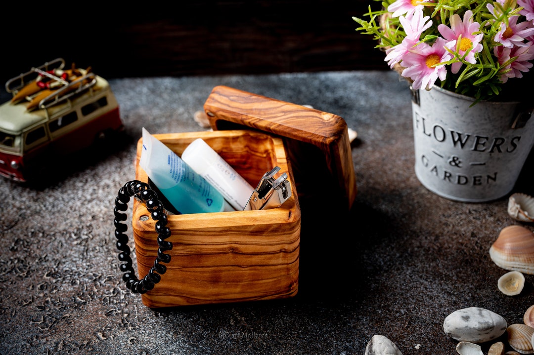 Square Olive Wood Box With Lid for Storing Jewelry, Decorative Square ...