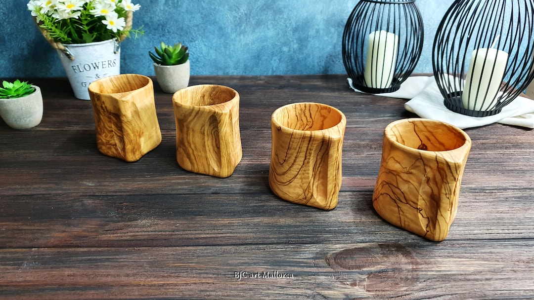 Set of 4 Handmade Olive Wood Cups With Handle, Wooden Cups for Coffees ...