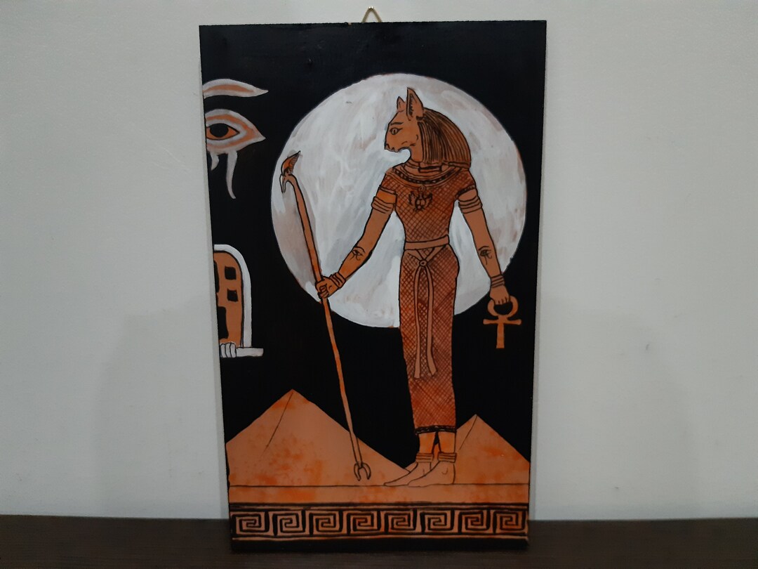 Bastet Egyptian Goddess Handmade Greek Wall Painting on Wood 25cm - Etsy