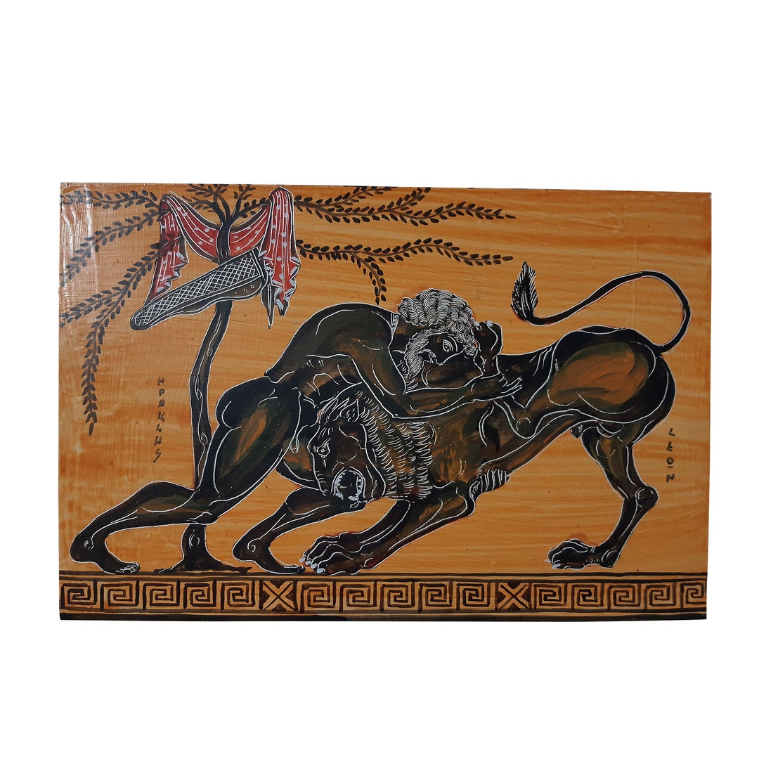 Hercules Kills Lion Wall Painting Greek Mythology Handmade on - Etsy