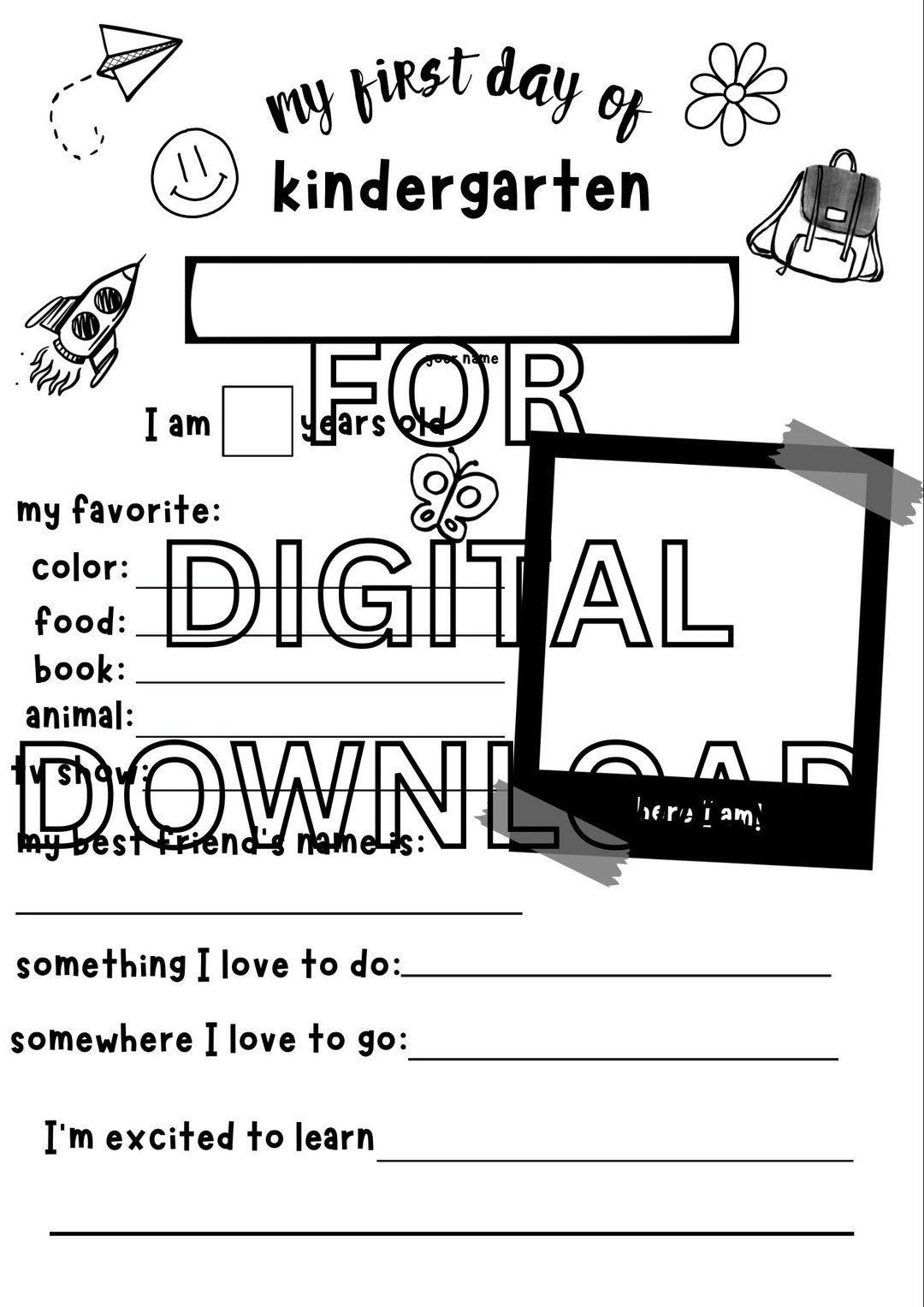 First Day of School About Me Page Printable Kindergarten Homeschool ...