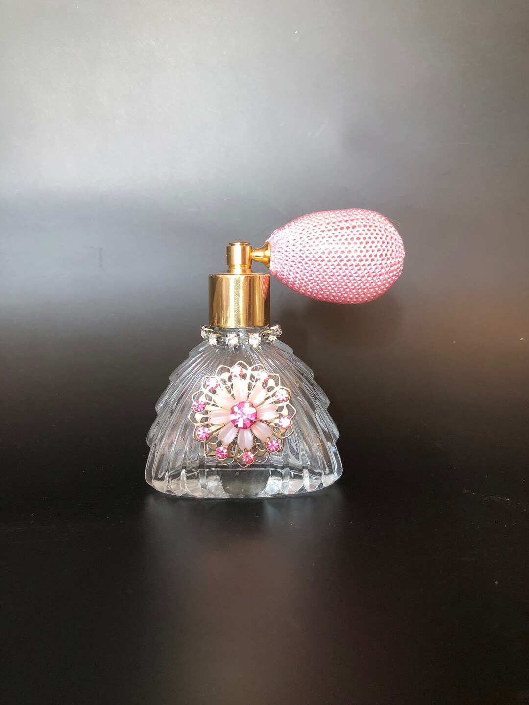 Pink and Gold Vintage Perfume Atomizer With Vintage Brooch, Vanity ...