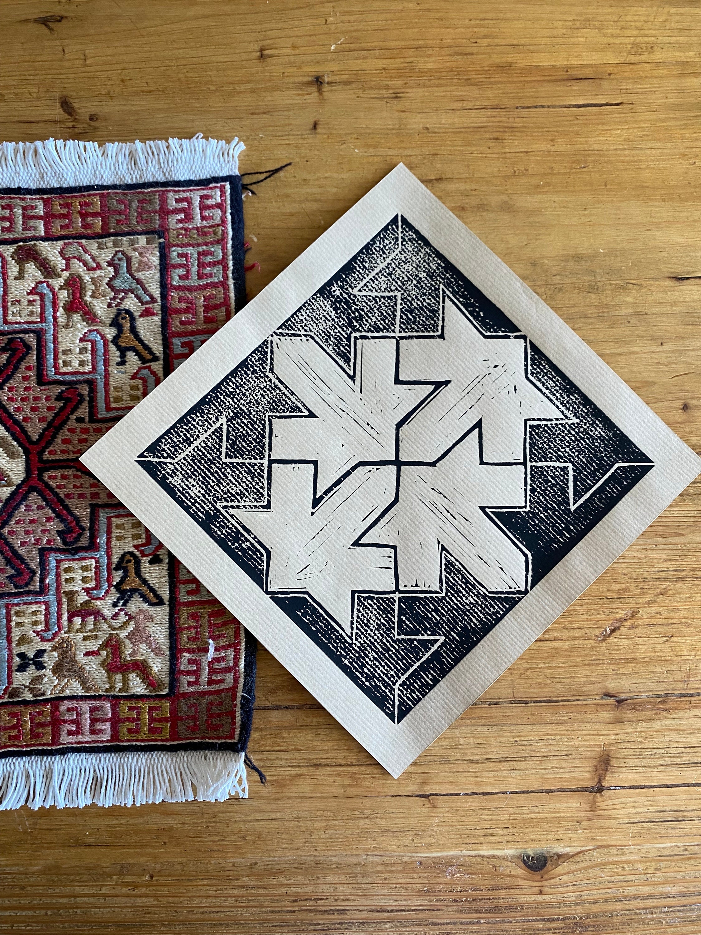 Geometric Linocut Square Format Print Black Ink - Etsy