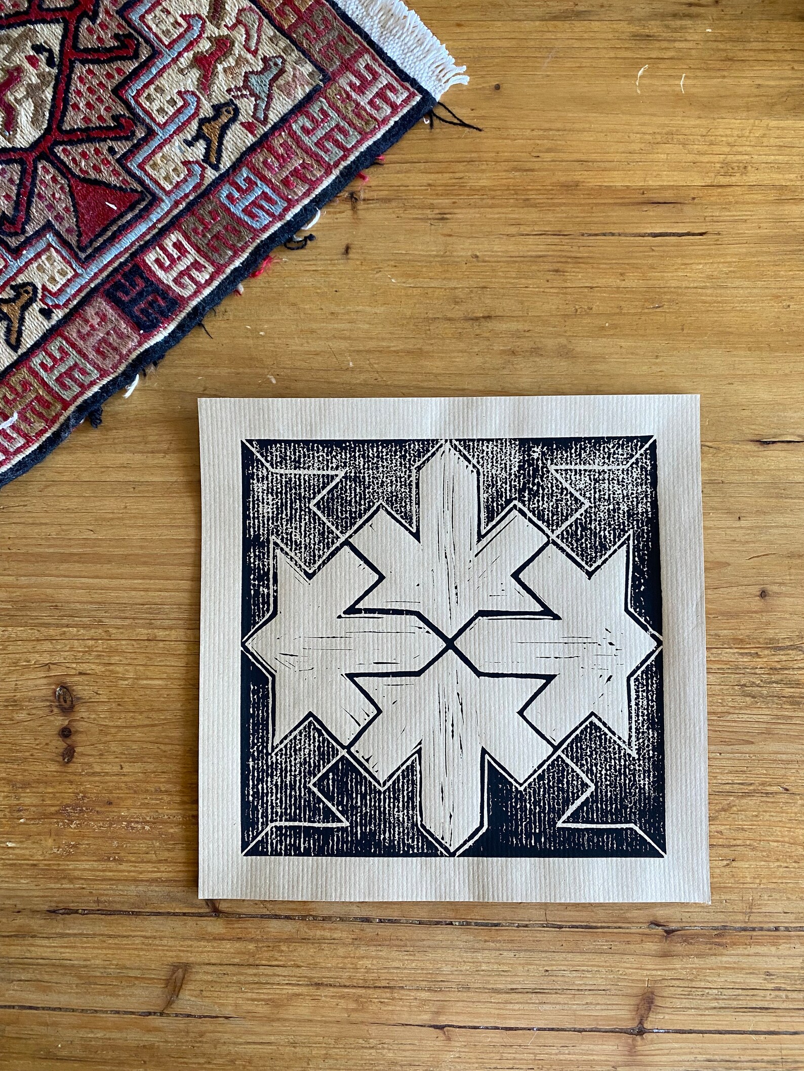 Geometric Linocut Square Format Print Black Ink - Etsy