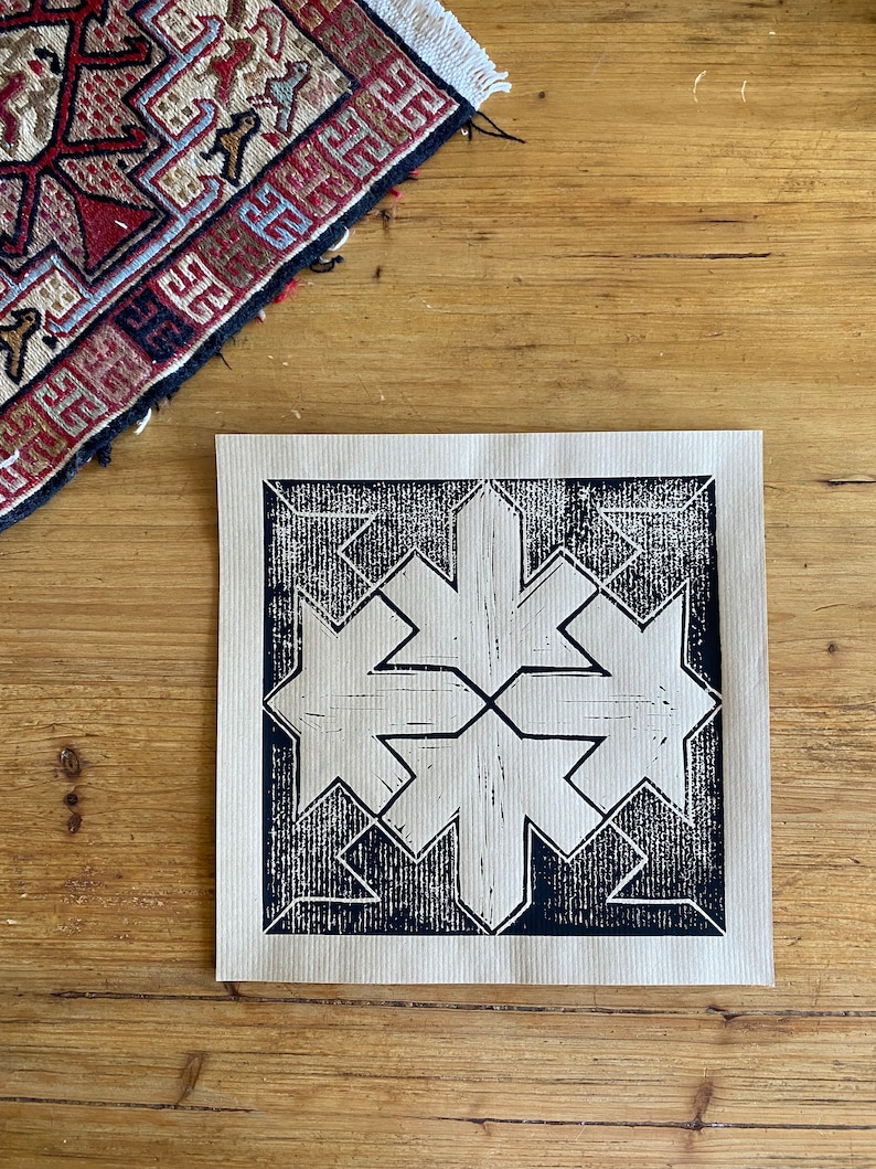 Geometric Linocut Square Format Print Black Ink - Etsy