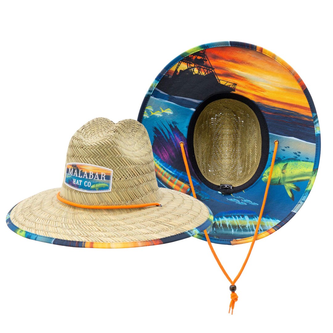 Boat With Fish Fabric Pattern Print Straw Sunhat Men & Women, Lifeguard ...