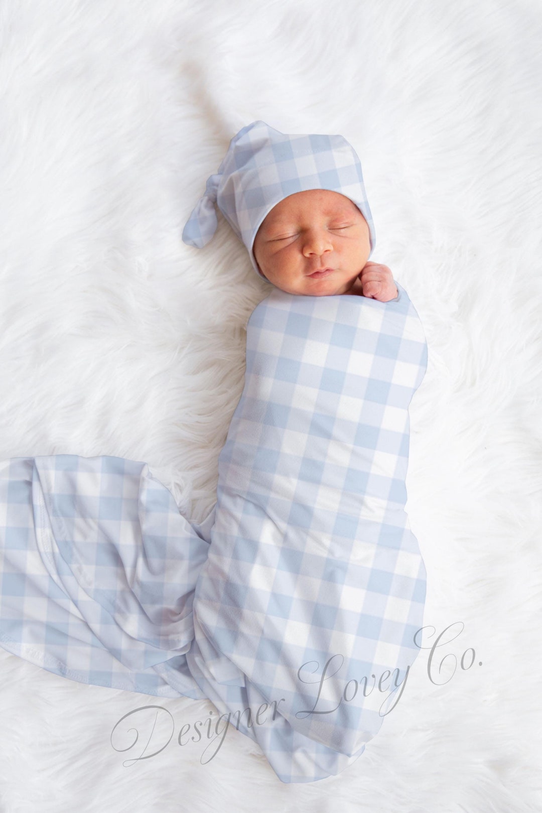 Baby Boy Swaddle Blanket, Blue Swaddle With Beanie, Blue Gingham Check ...