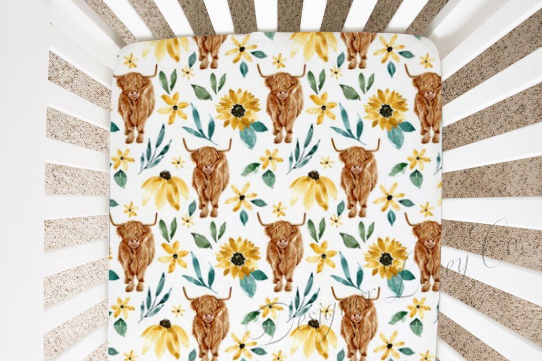 Highland Cow Crib Sheet for Baby Girl. Highland Cow Nursery, Sunflower ...