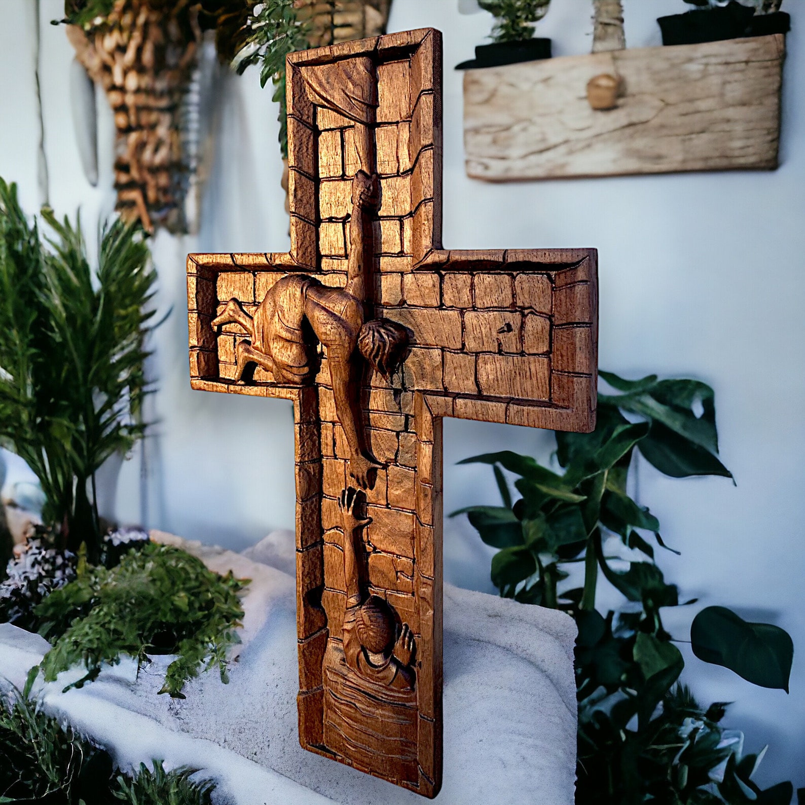 Wood Cross Decor, Solid Walnut Wood Cross 16"x10"x1". Highly Detailed ...