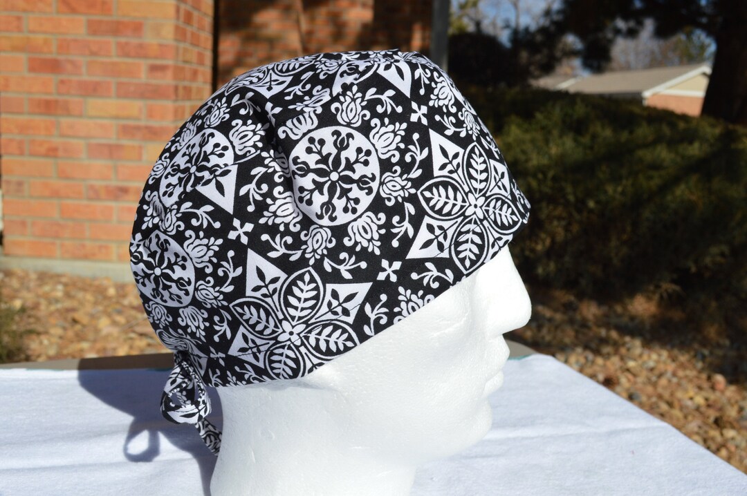 Medieval Black/white Mens Surgical Scrub Hat. Tie Back, Scrub Hat ...