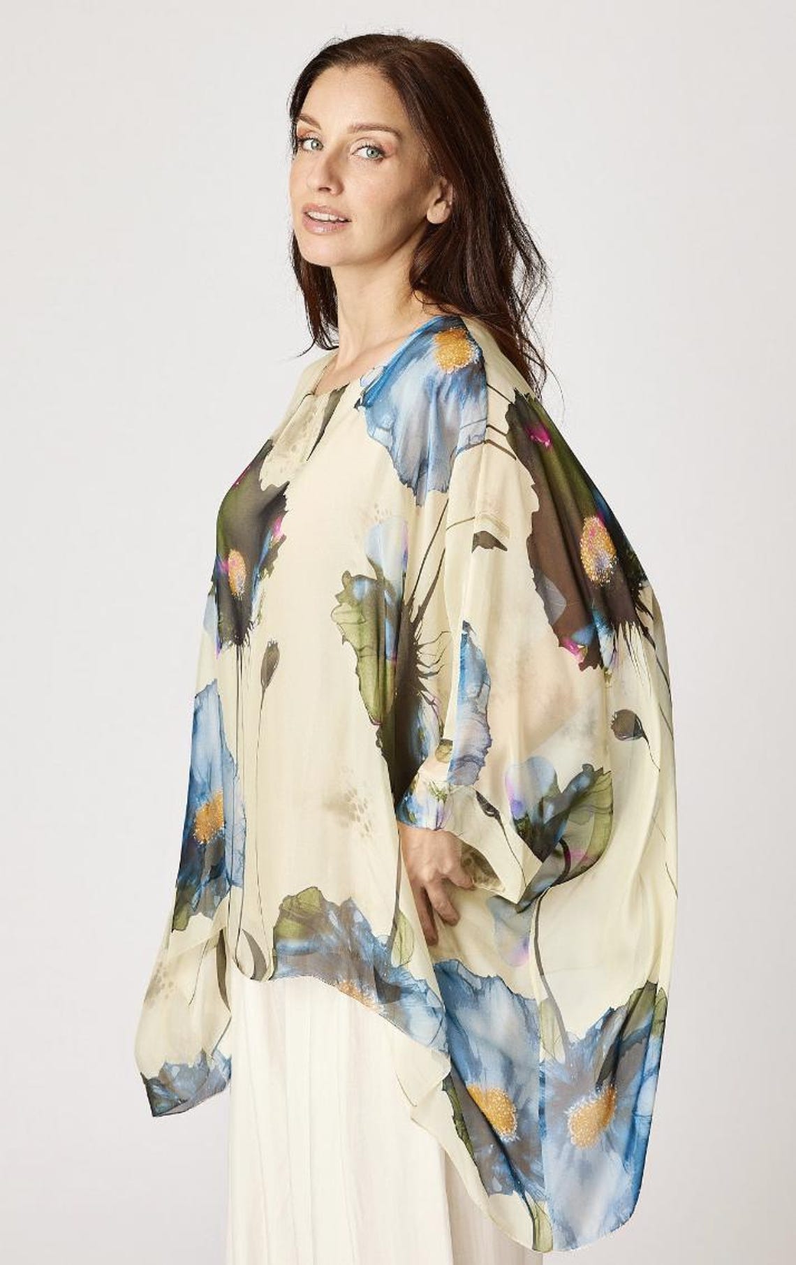 Italian Silk Blend Blue Floral Top – Washable Silk Viscose Flowing ...