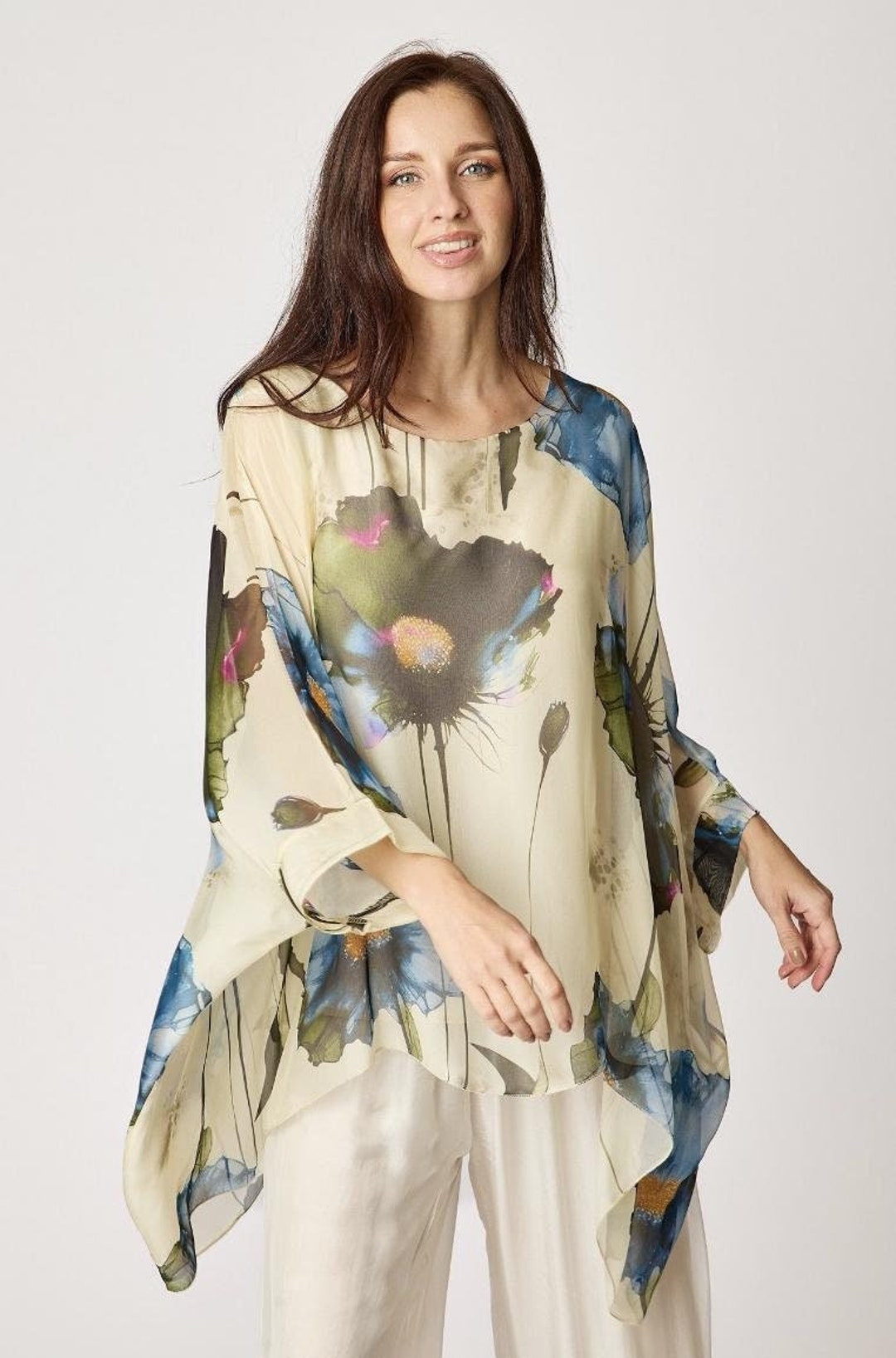 Italian Silk Blend Blue Floral Top – Washable Silk Viscose Flowing ...
