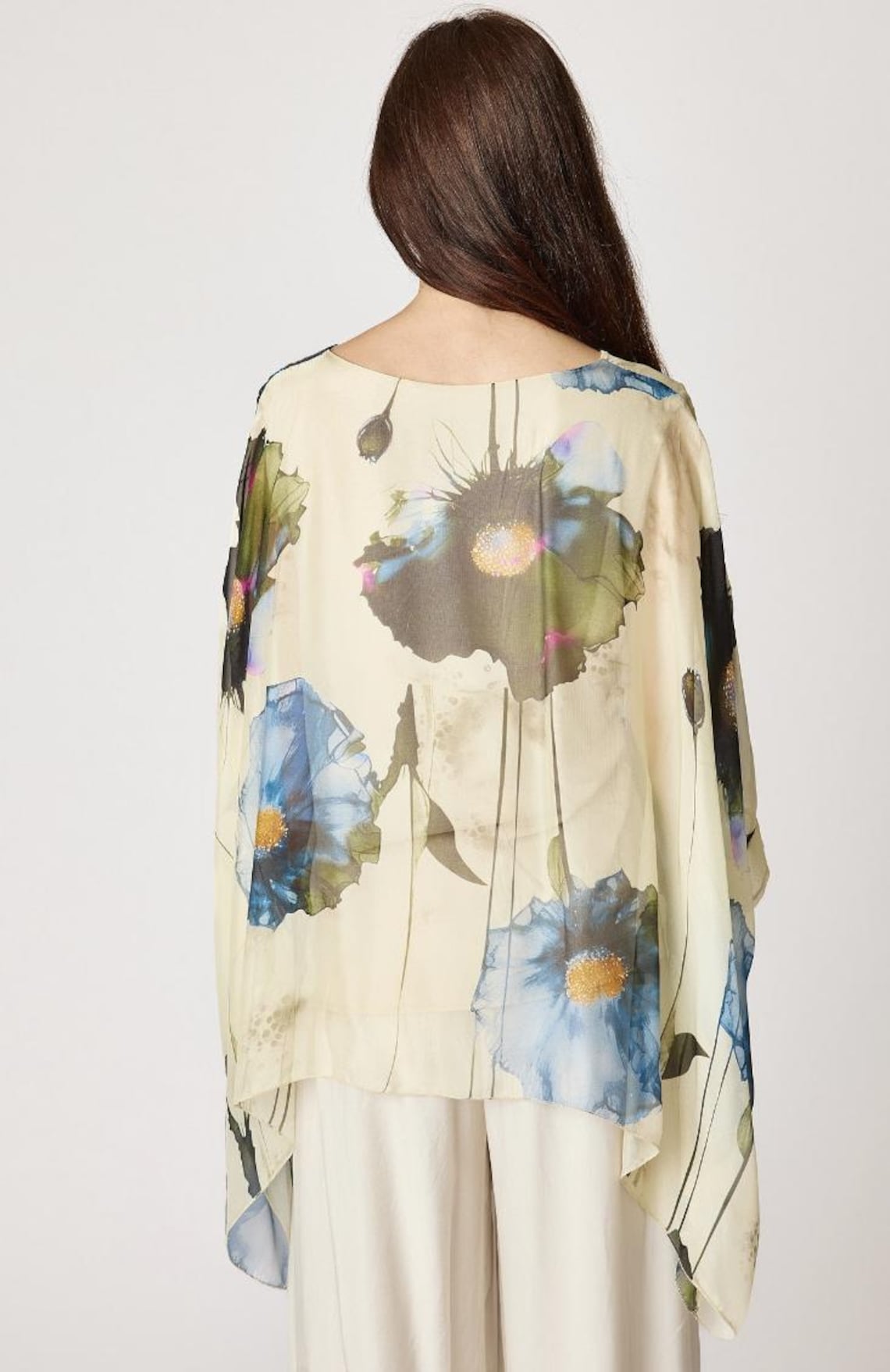 Italian Silk Blend Blue Floral Top – Washable Silk Viscose Flowing ...