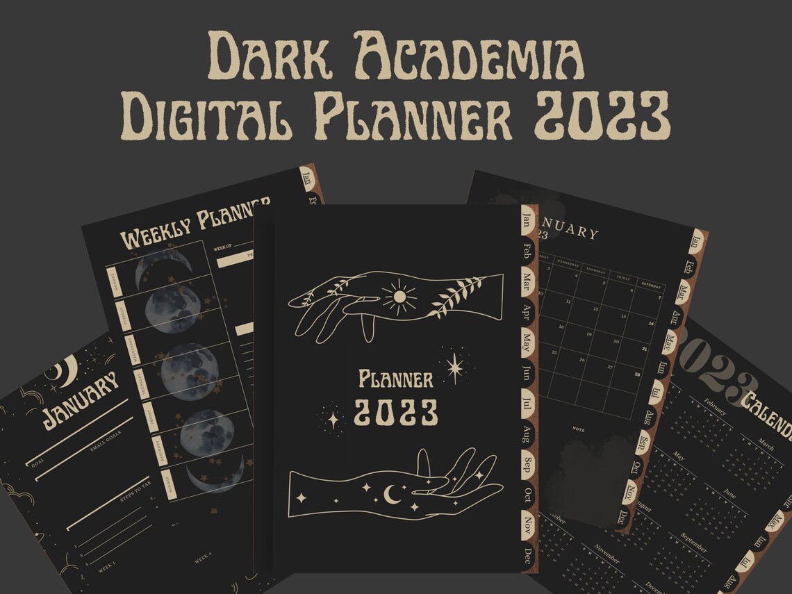 Dark Academia Digital Planner 2023 | Black Gold Sun Moon Phases ...