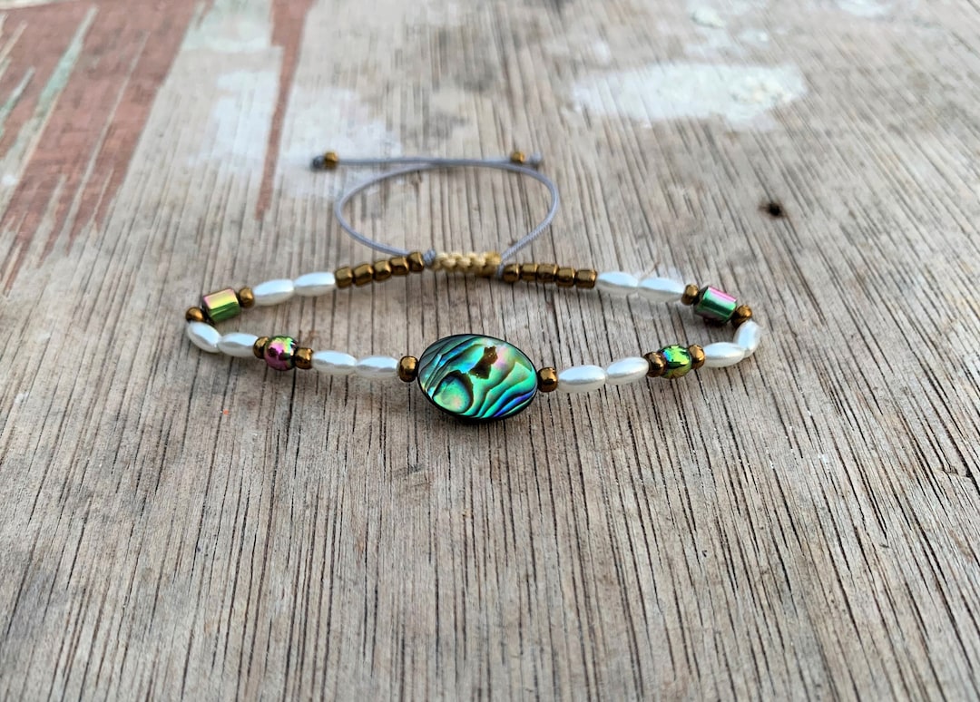Glowing Abalone Shell Bracelets, Paua Shell Gemstone, Gold Beaded ...