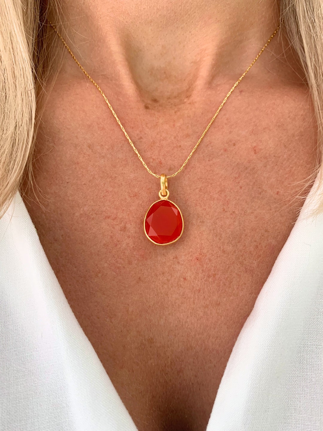Carnelian Necklace, Fiery Orange Carnelian Gemstone, Stainless Steel ...