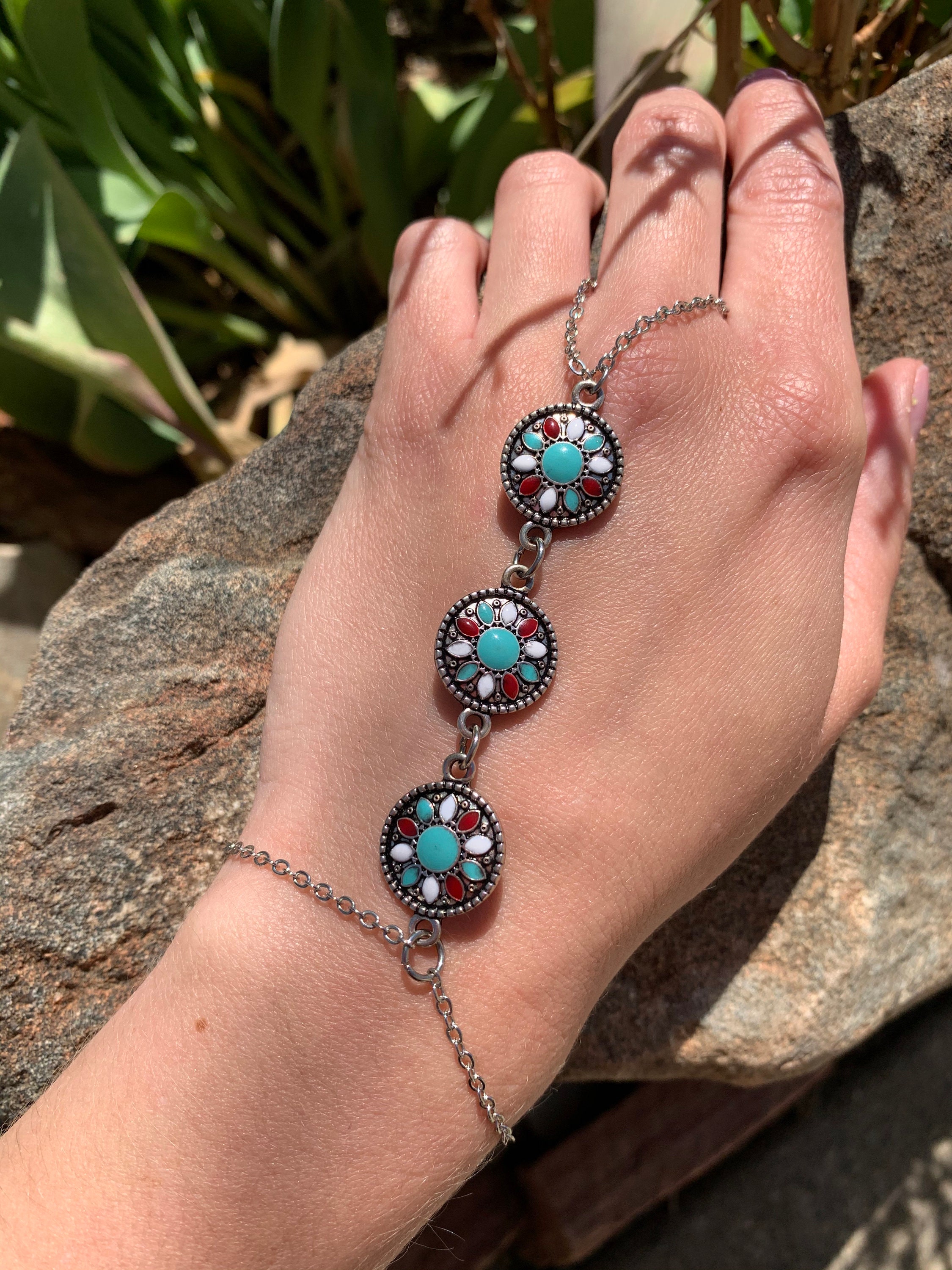 Turquoise + Silver Hand Chain - Etsy