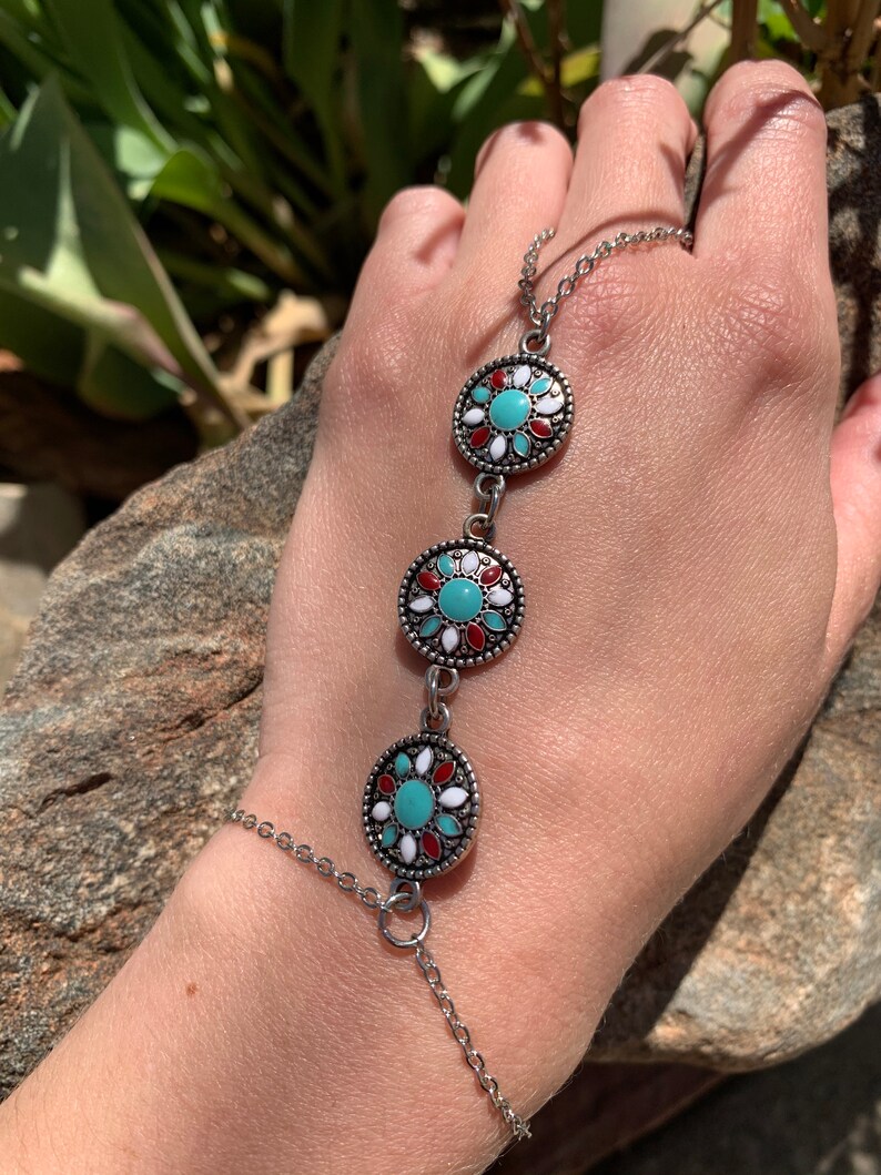 Turquoise + Silver Hand Chain - Etsy