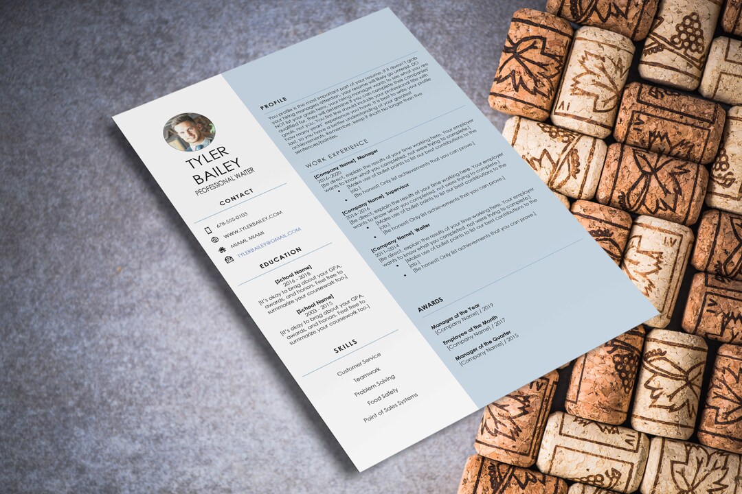 Professional Waiter Resume Template, Instant Download, Bartender CV ...