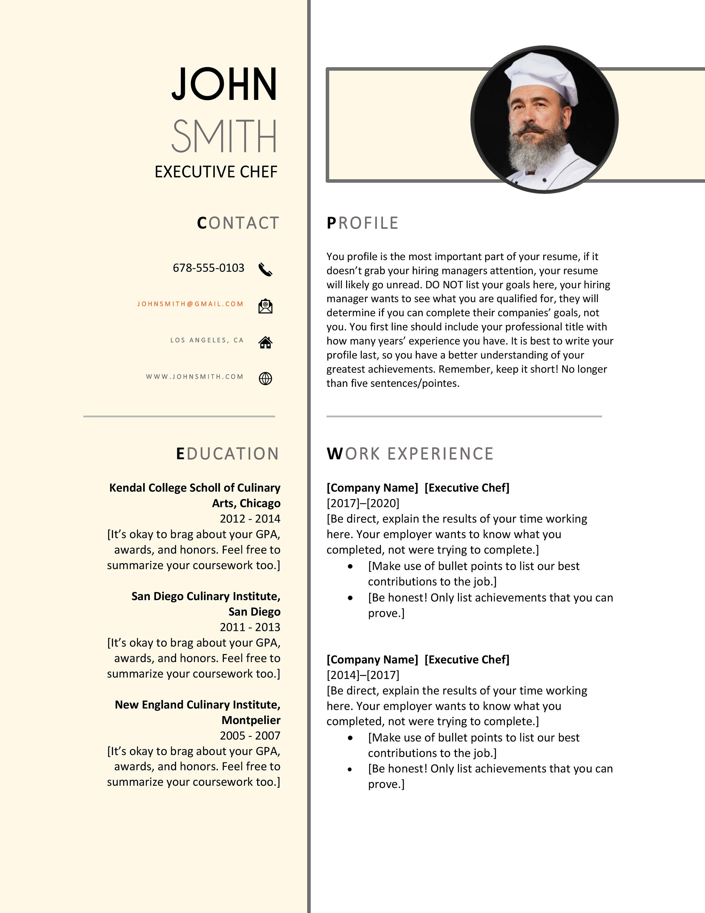 Professional Chef Resume Template, Hospitality CV Template, Instant ...
