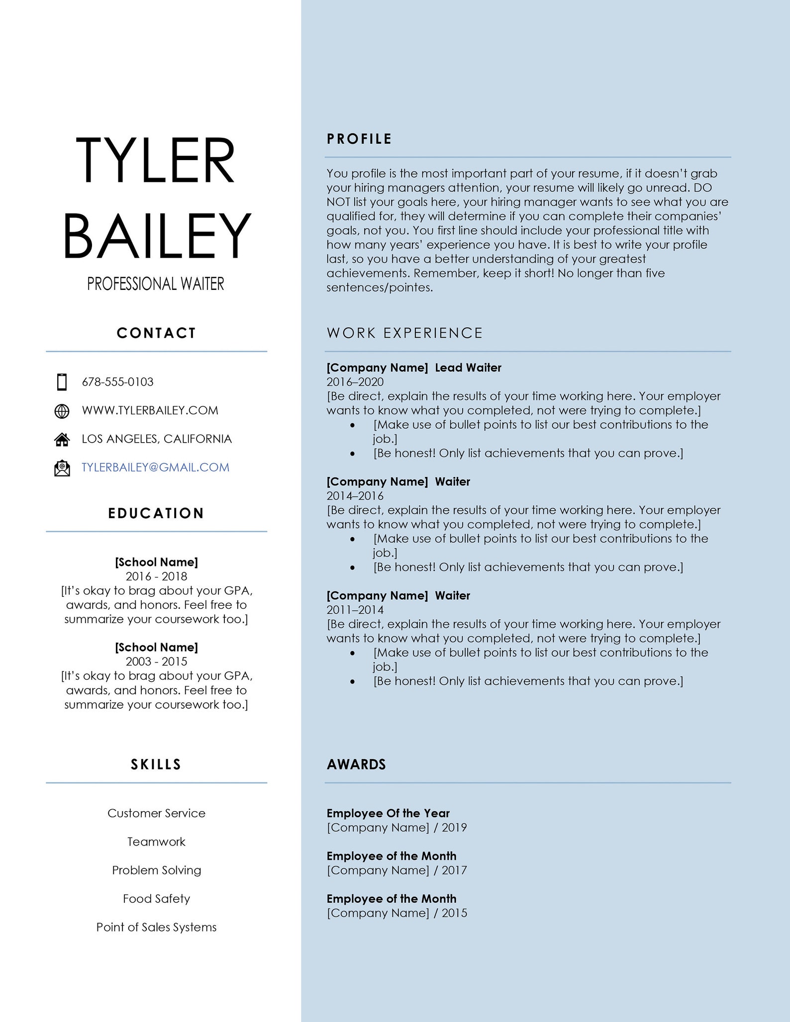 Hospitality CV Template, Professional Waiter Resume Template, Instant ...