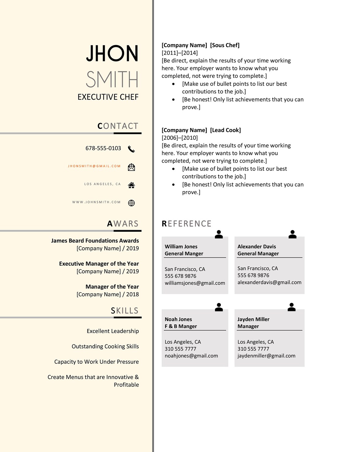 Professional Chef Resume Template, Hospitality CV Template, Instant ...