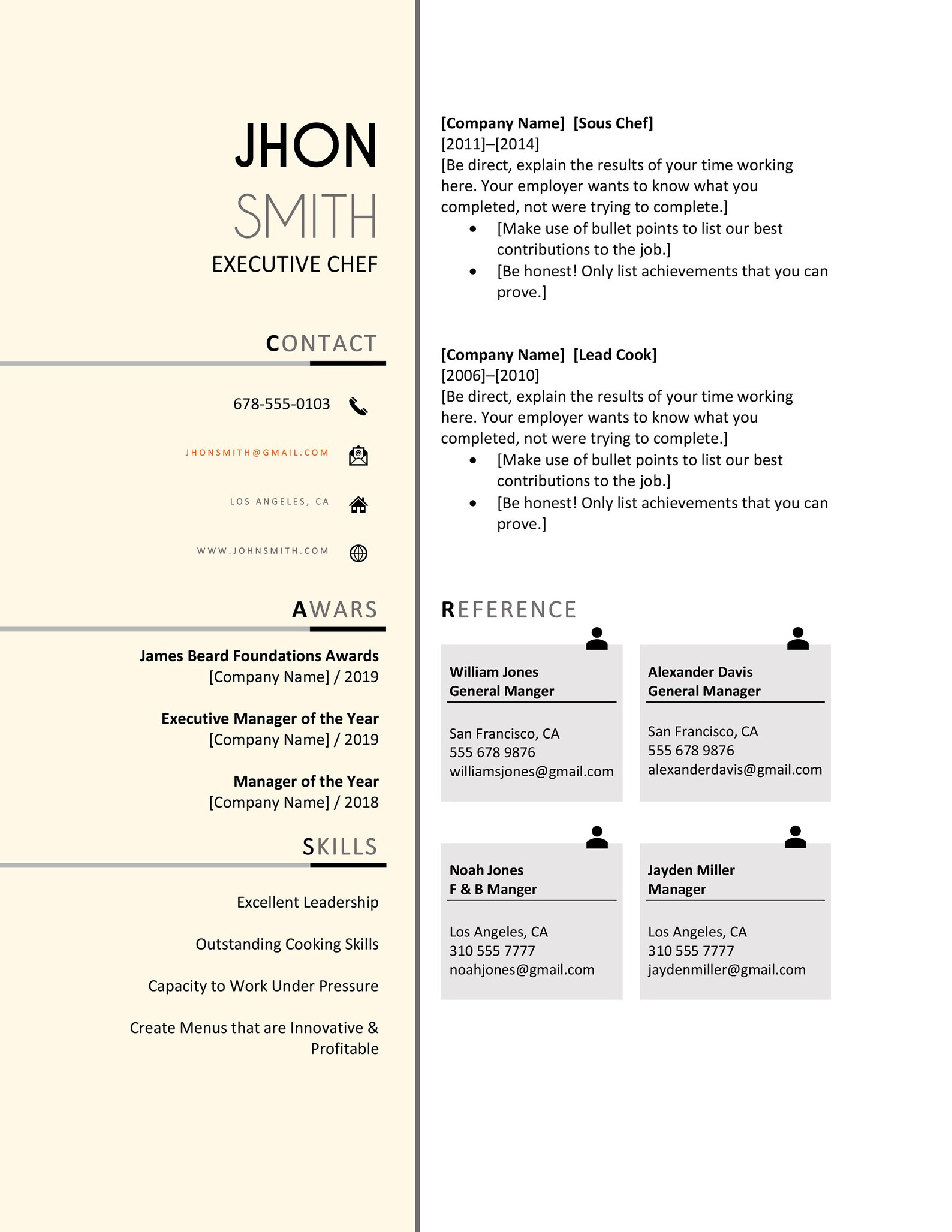 Professional Chef Resume Template Hospitality Cv Template Instant Download Modern Resume