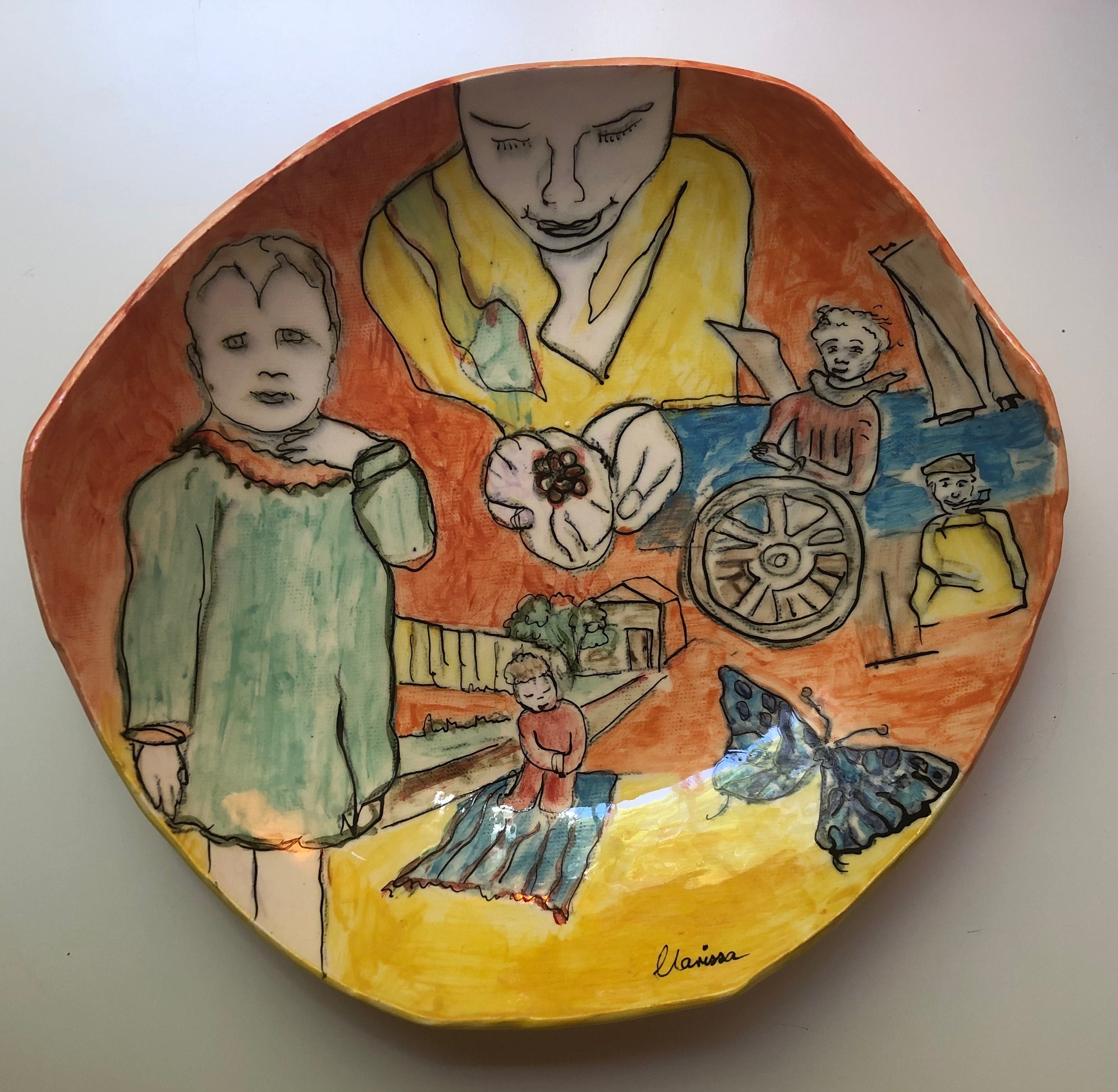 Handmade Ceramic Platter, Hand Painted Ink Drawn Tray. Titled: Sail Day ...