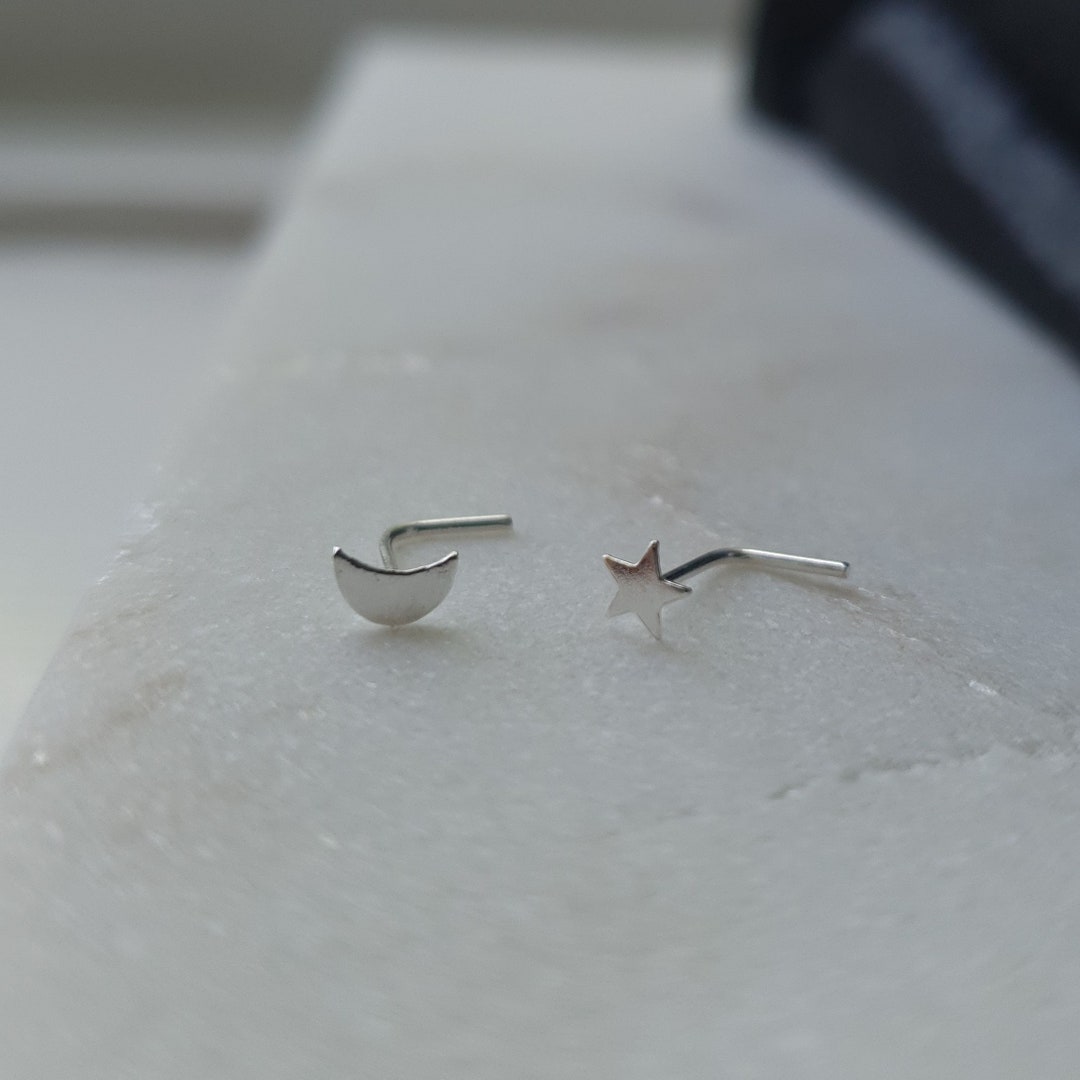 Flat Star & Moon Piercing 925 Sterling Silver L SHAPE Nose - Etsy