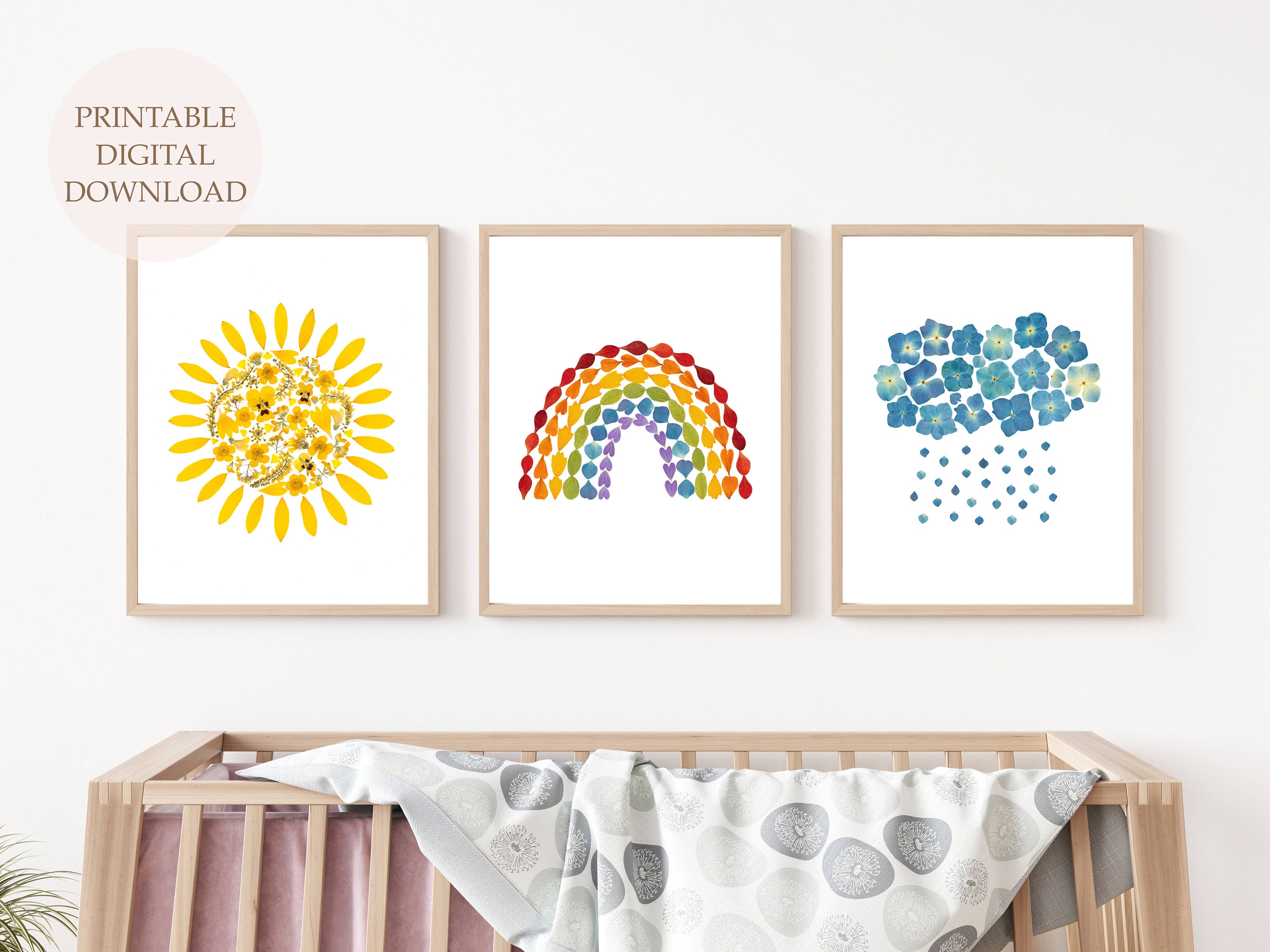 Printable Kids Wall Art, Set of 3, Pressed Flowers Art, Nursery Art ...