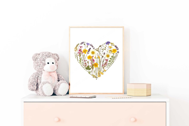 Heart Nursery Print, Flower Heart, Heart Pressed Flowers, Flower Art ...