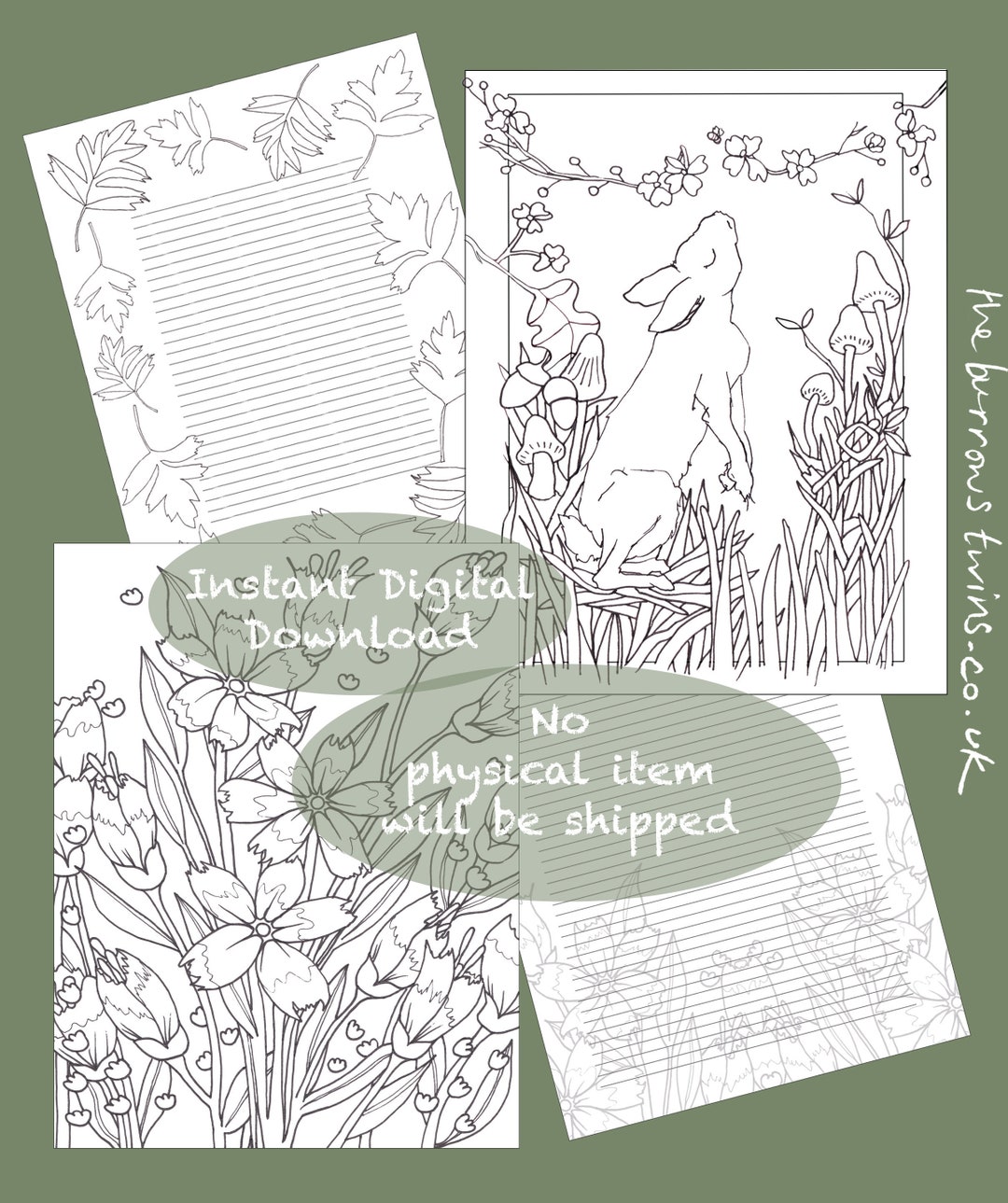 Hare Printable Pages, With Hand Drawn Hare, Leaves and Flowers - Etsy