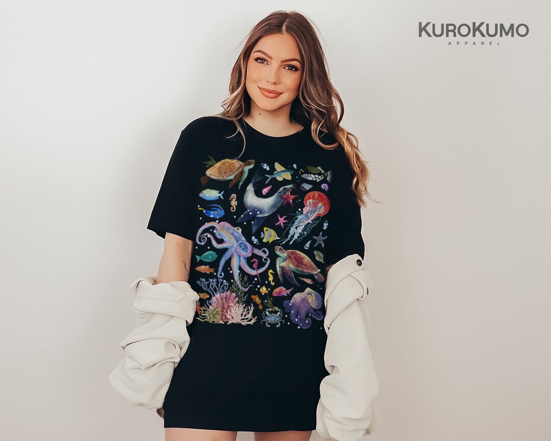 Watercolor Sea Creatures Tshirt Marine Life Ocean Conservation 90s ...