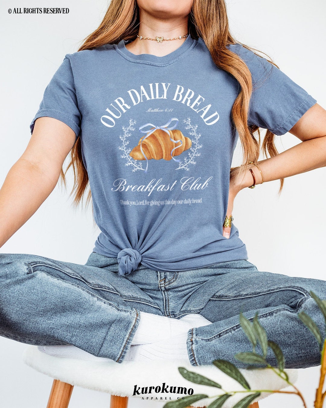 Our Daily Bread Bible Verse Tshirt Blue Coquette Croissant Bow Graphic ...