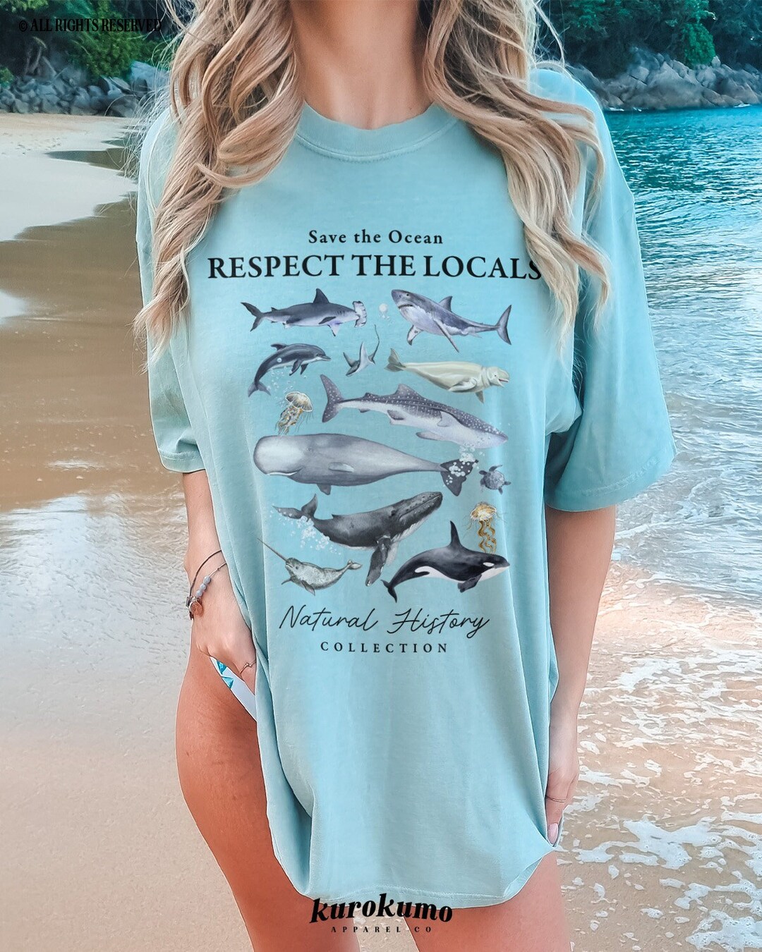 Respect the Locals Indie Graphic Tee Watercolor Sharks Whales Jellyfish ...